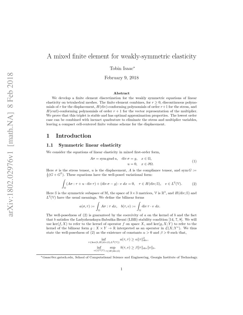 A Mixed Finite Element For Weakly Symmetric Elasticity Deepai