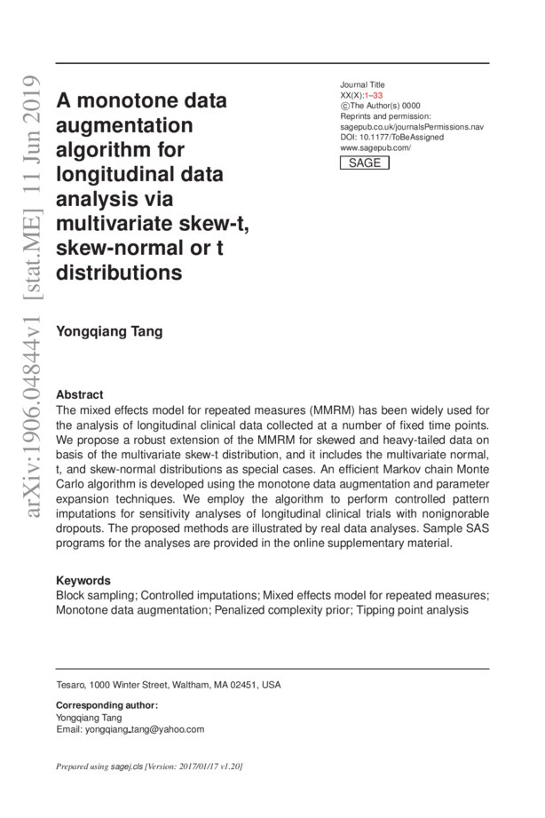 A mnotone data augmentation algorithm for longitudinal data analysis via multivariate skew-t ...