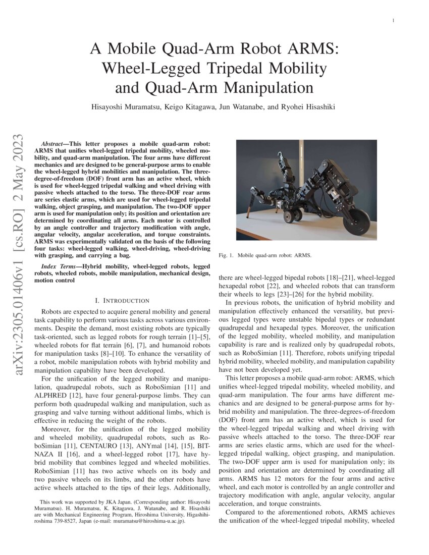 A Mobile Quad-Arm Robot ARMS: Wheel-Legged Tripedal Mobility and Quad ...