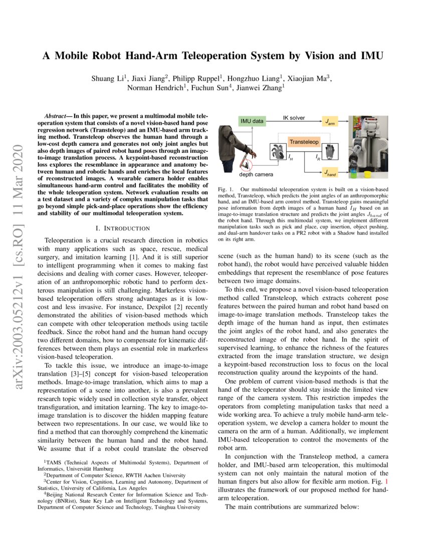 A Mobile Robot Hand-Arm Teleoperation System by Vision and IMU | DeepAI