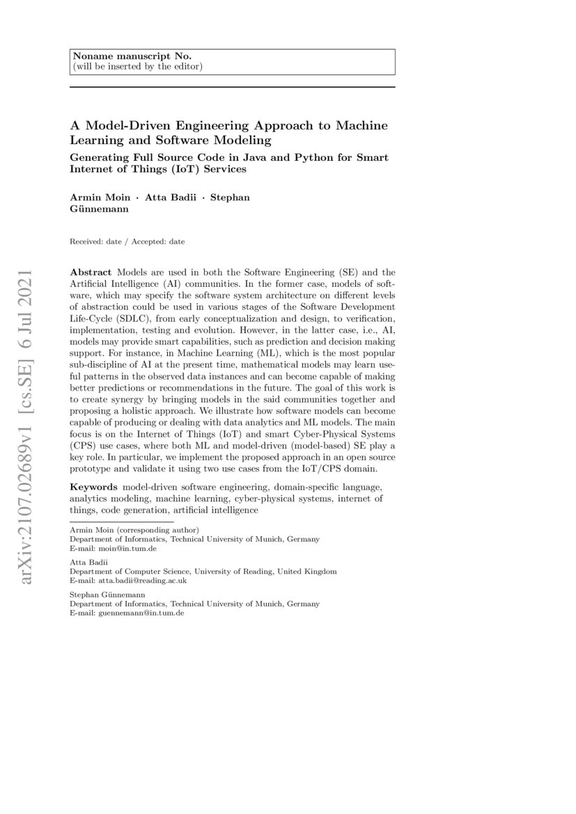 A Model Driven Engineering Approach To Machine Learning And Software Modeling Deepai