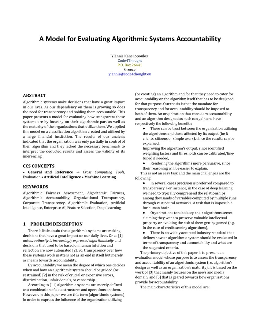 A Model for Evaluating Algorithmic Systems Accountability | DeepAI