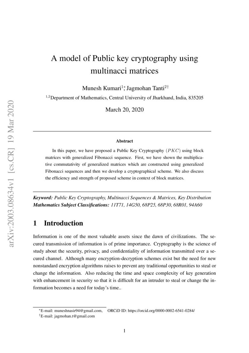 A model of public key cryptography using multinacci matrices | DeepAI