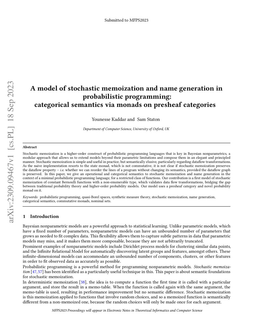 A model of stochastic memoization and name generation in probabilistic programming: categorical ...