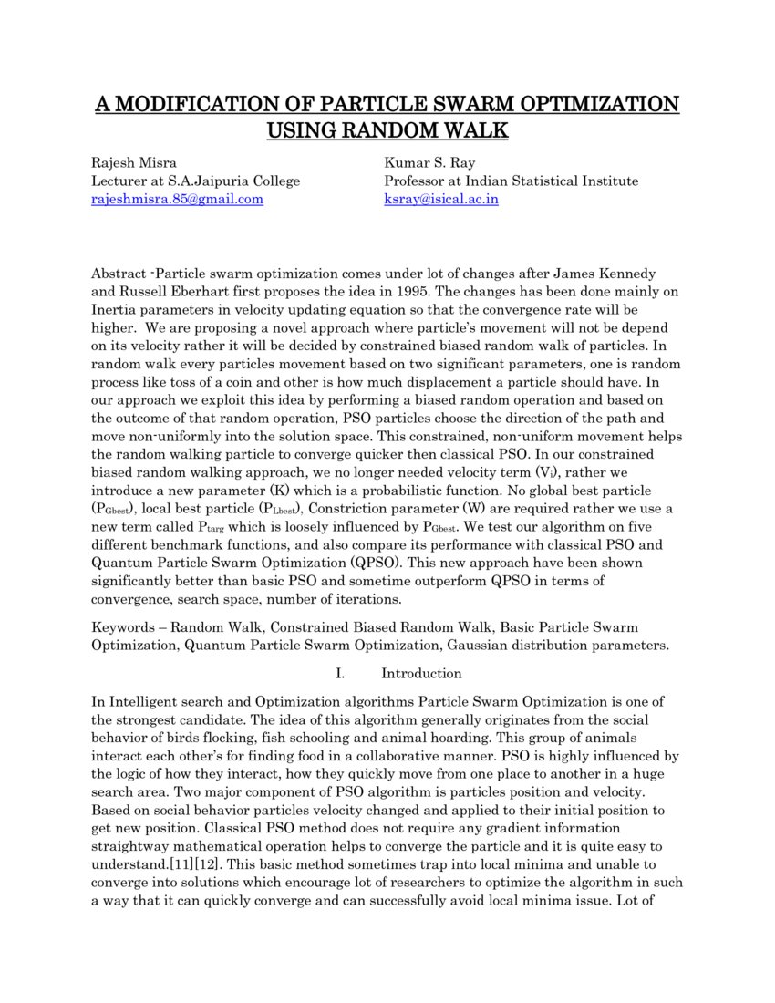 A Modification of Particle Swarm Optimization using Random Walk | DeepAI
