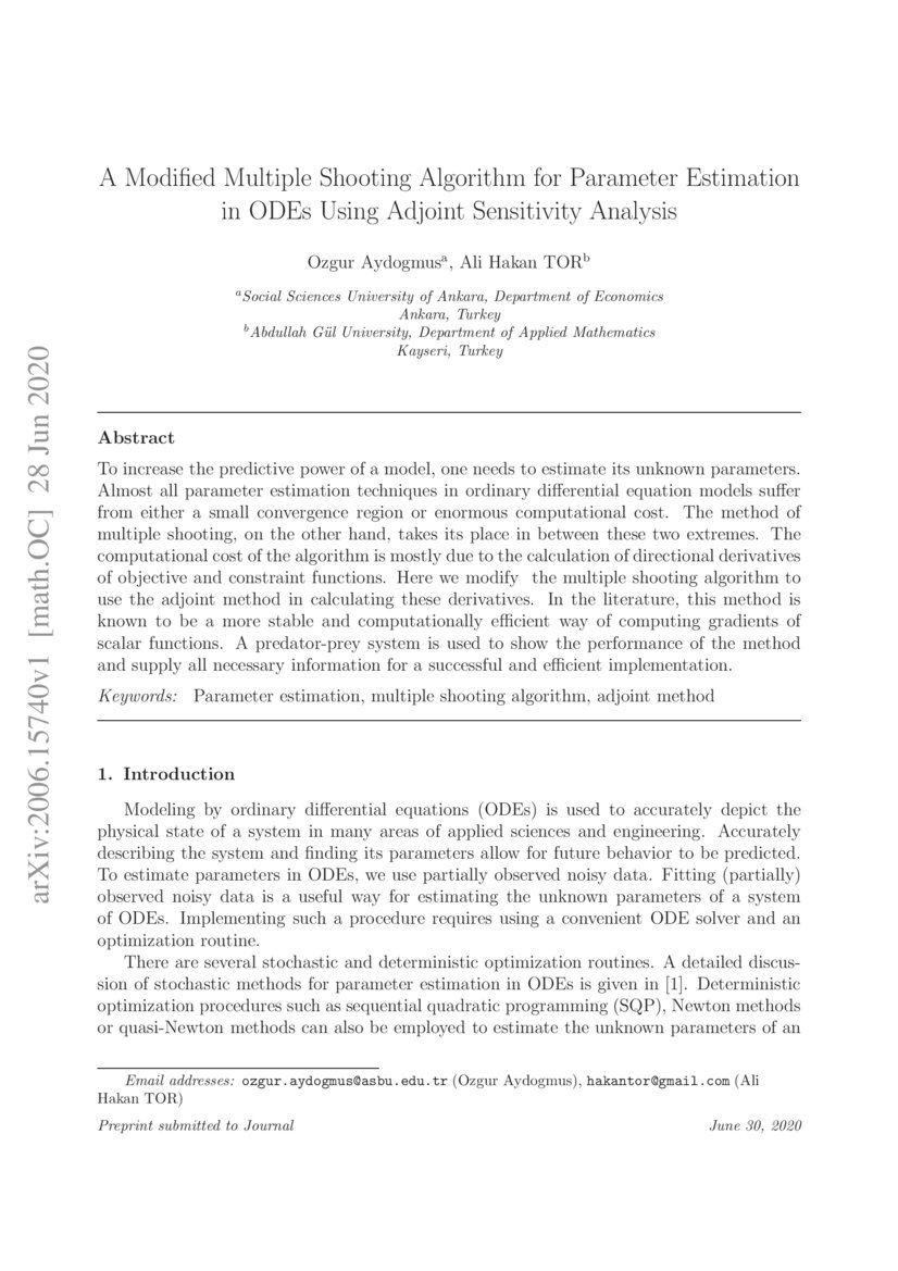 A Modified Multiple Shooting Algorithm For Parameter Estimation In Odes Using Adjoint