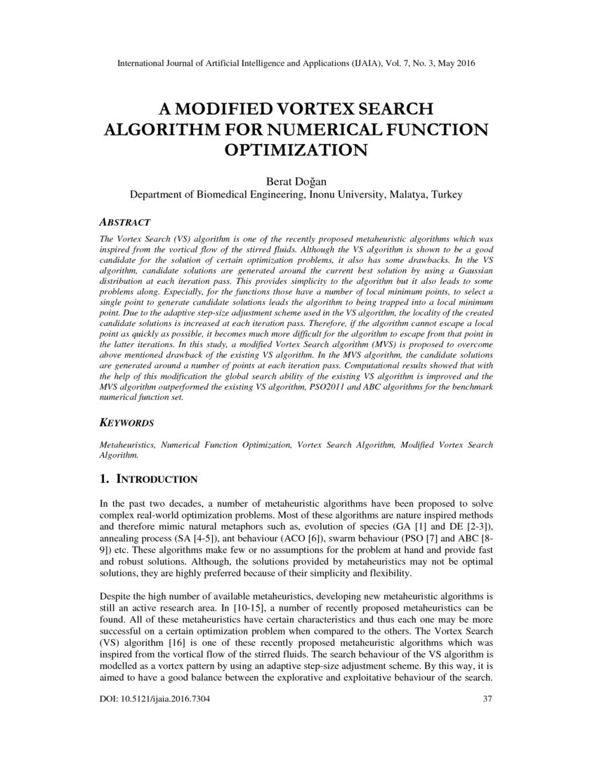 A Modified Vortex Search Algorithm For Numerical Function Optimization 0276