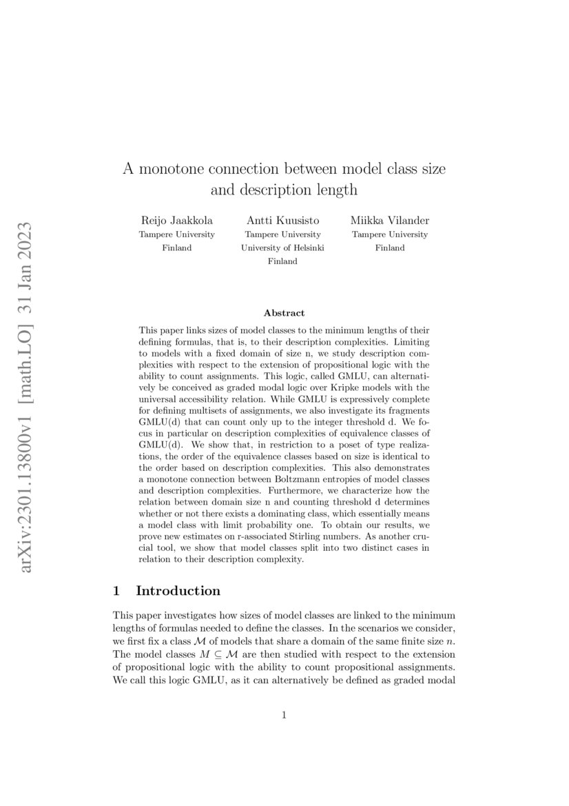 A monotone connection between model class size and description length | DeepAI