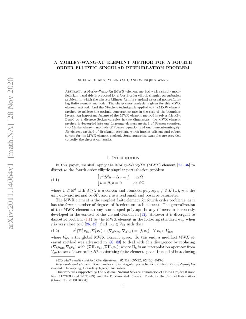 A Morley-Wang-Xu element method for a fourth order elliptic singular perturbation problem | DeepAI
