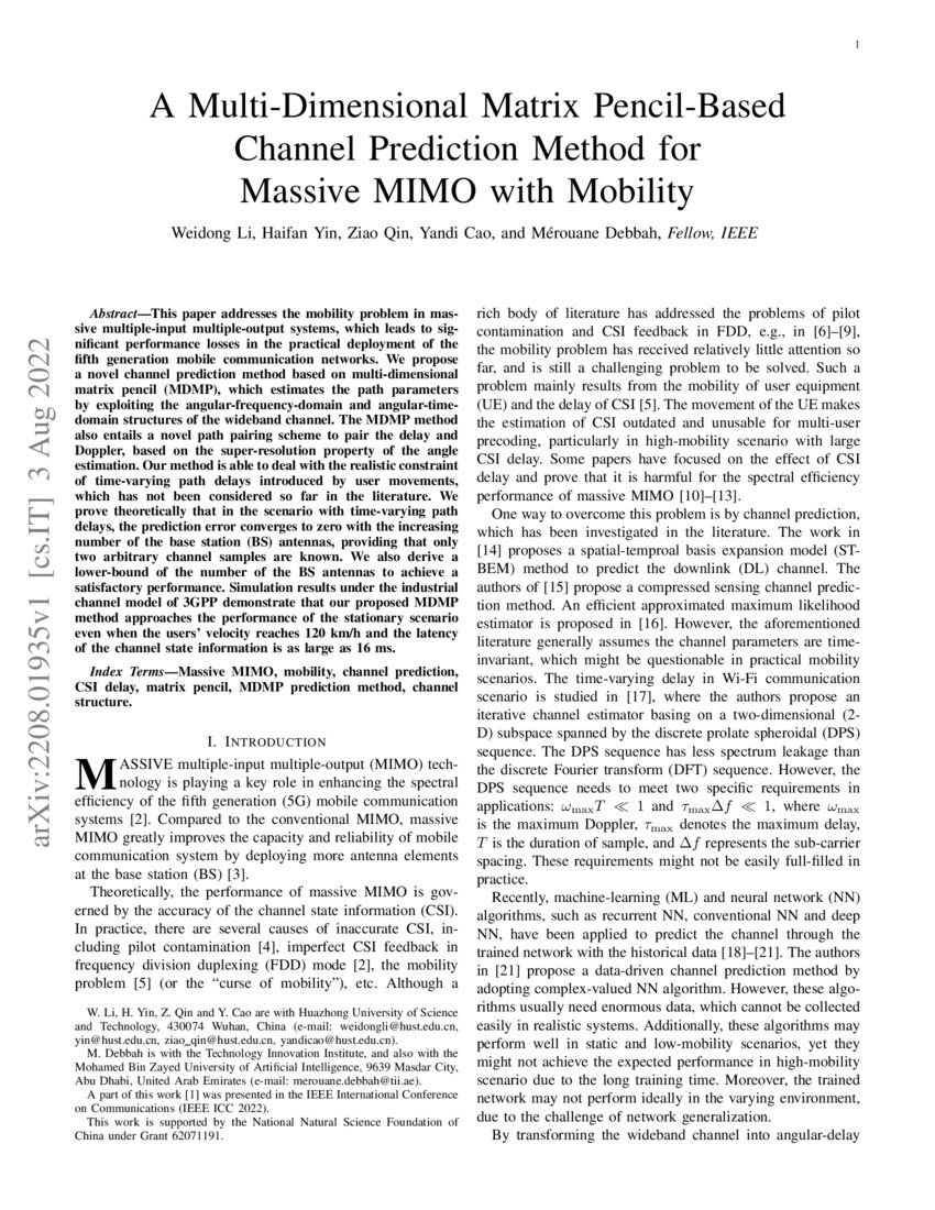 A Multi-Dimensional Matrix Pencil-Based Channel Prediction Method for Massive MIMO with Mobility ...