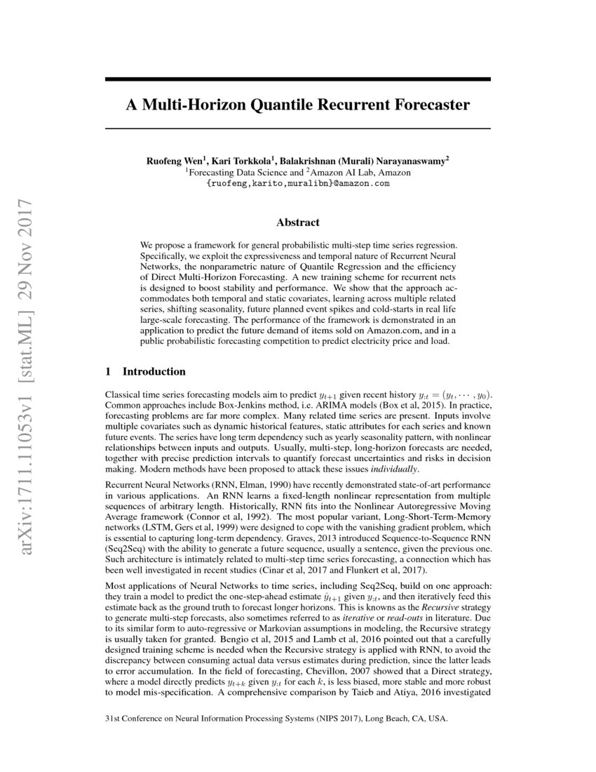 A Multi-Horizon Quantile Recurrent Forecaster | DeepAI