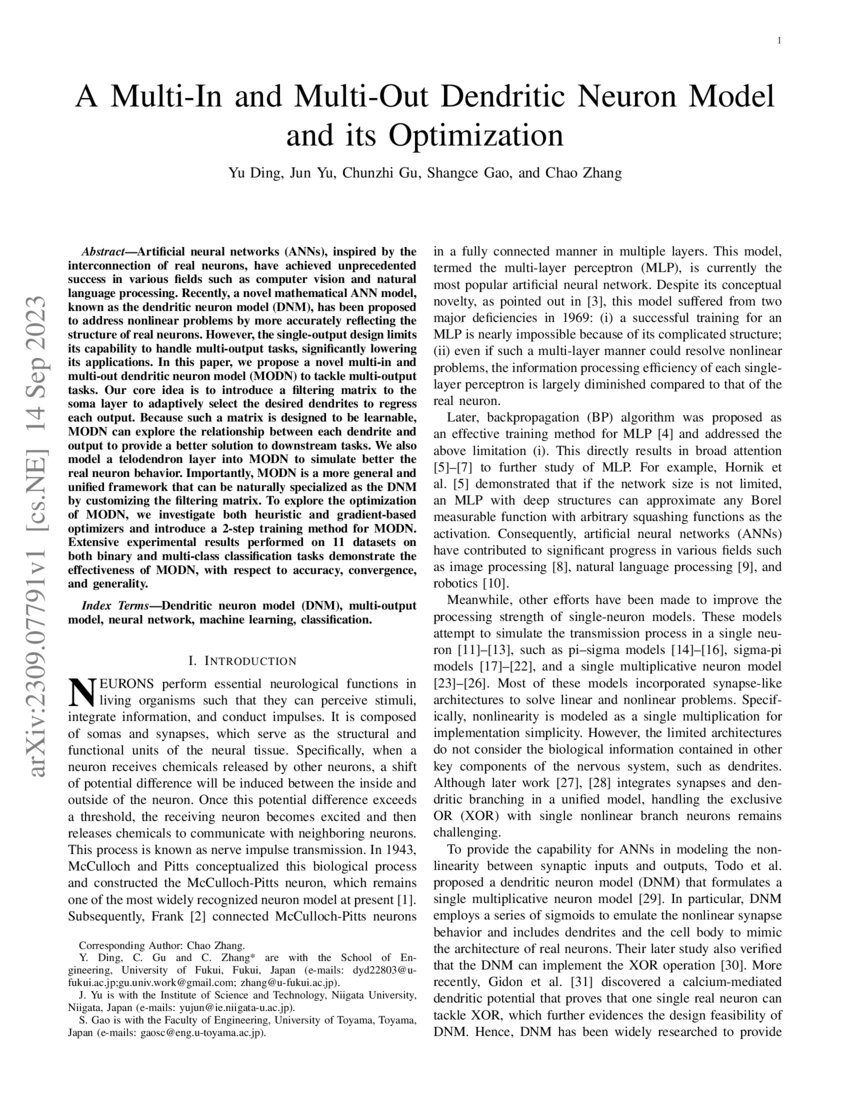 A Multi In And Multi Out Dendritic Neuron Model And Its Optimization Deepai 