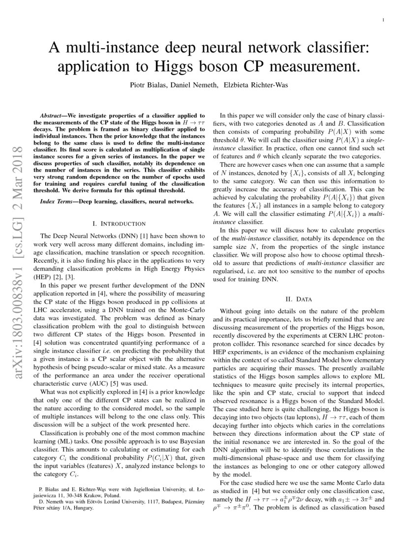 A Multi Instance Deep Neural Network Classifier Application To Higgs