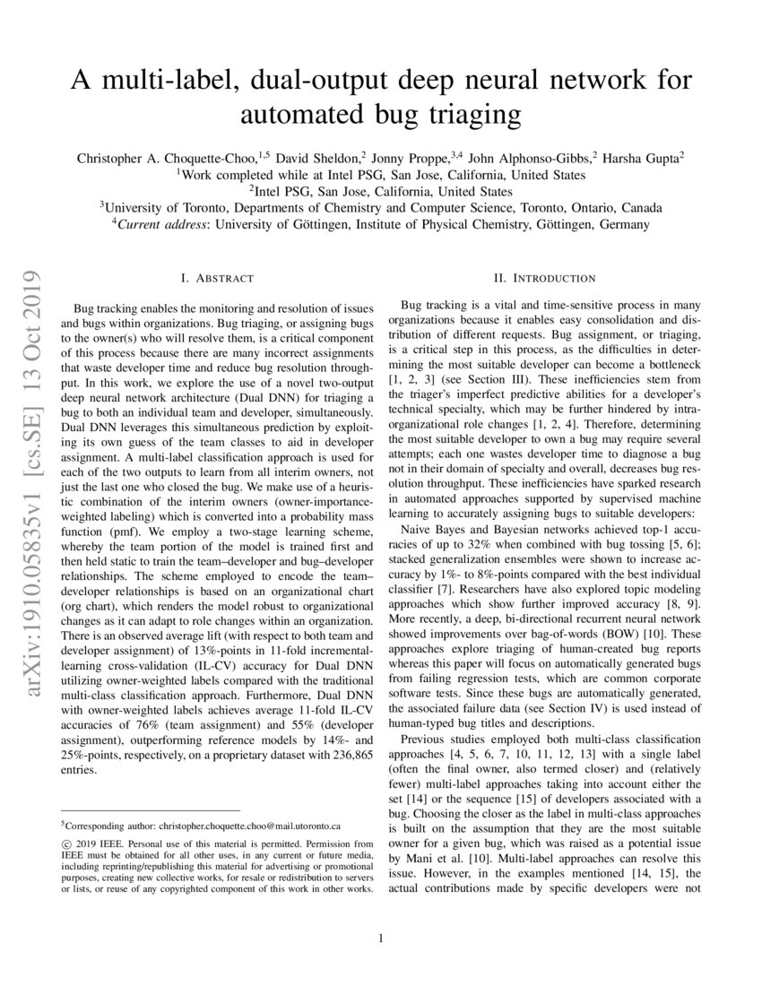 A multi-label, dual-output deep neural network for automated bug ...