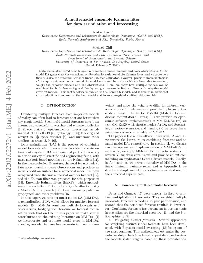 A Multi Model Ensemble Kalman Filter For Data Assimilation And Forecasting Deepai