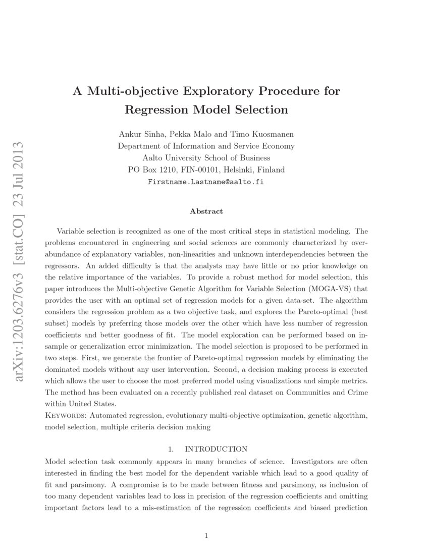 A Multi-objective Exploratory Procedure for Regression Model Selection | DeepAI