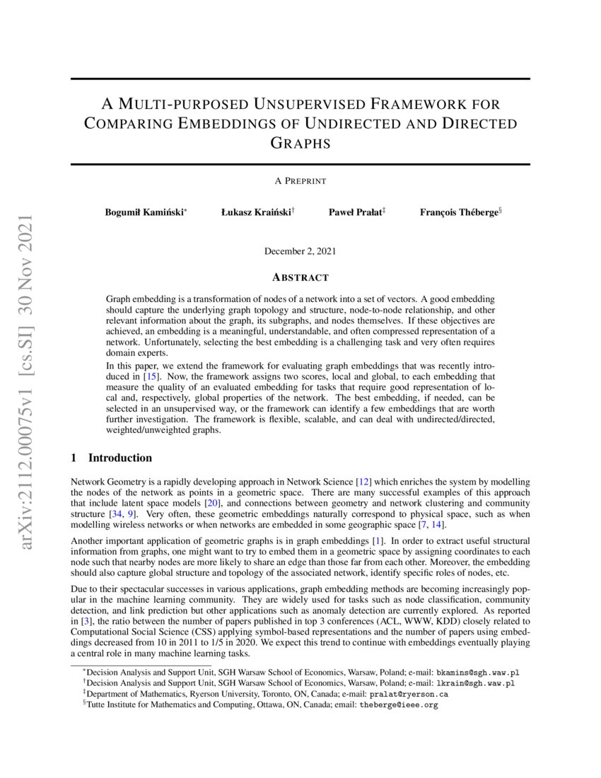 A Multi Purposed Unsupervised Framework For Comparing Embeddings Of Undirected And Directed