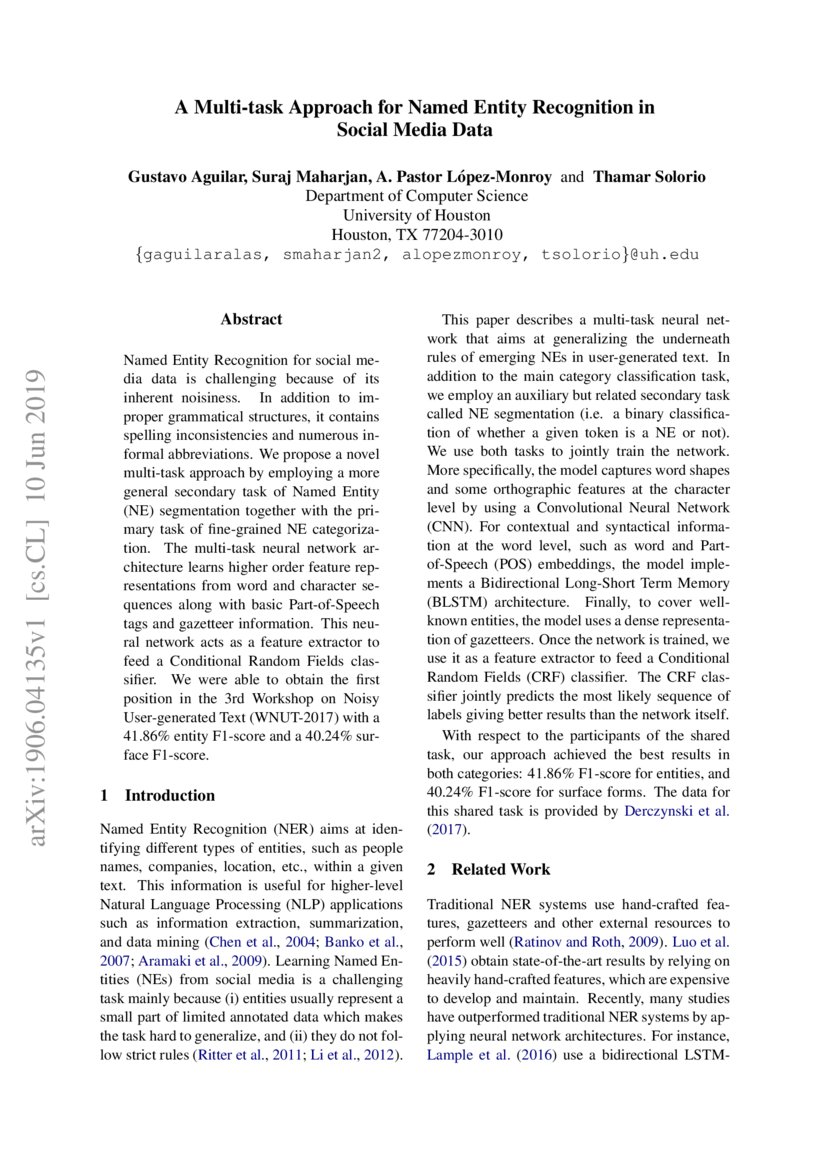 A Multi Task Approach For Named Entity Recognition In Social Media Data Deepai