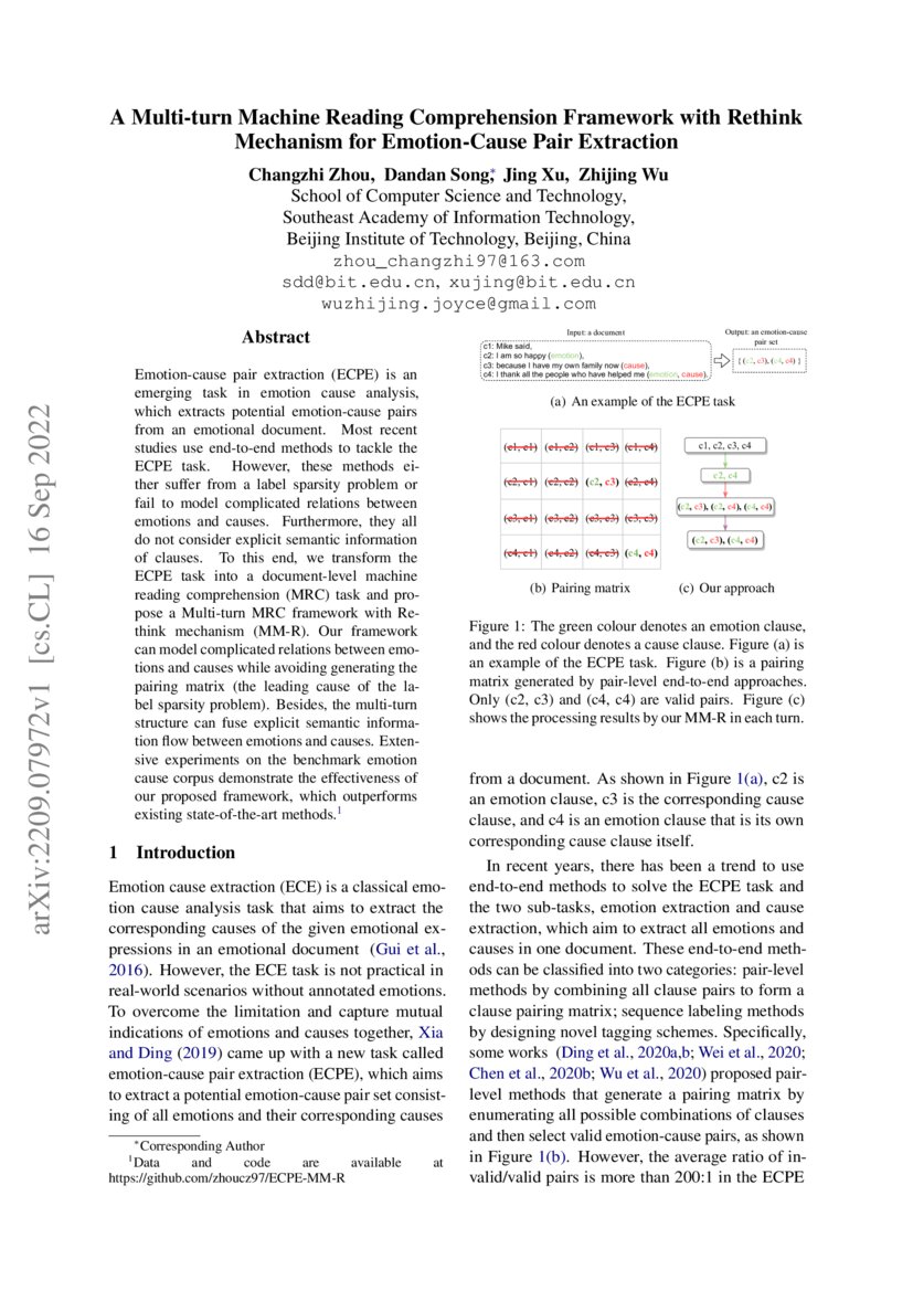 A Multi-turn Machine Reading Comprehension Framework with Rethink Mechanism for Emotion-Cause ...