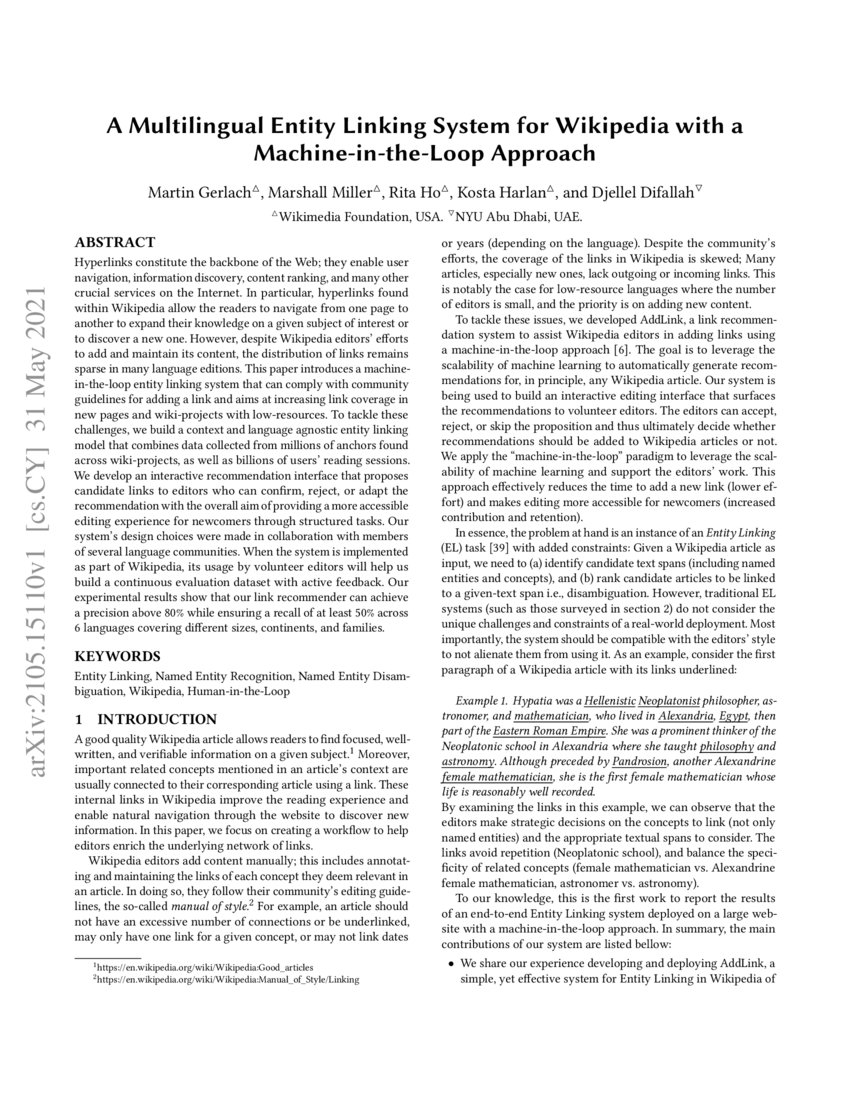 A Multilingual Entity Linking System for Wikipedia with a Machine-in-the-Loop Approach | DeepAI