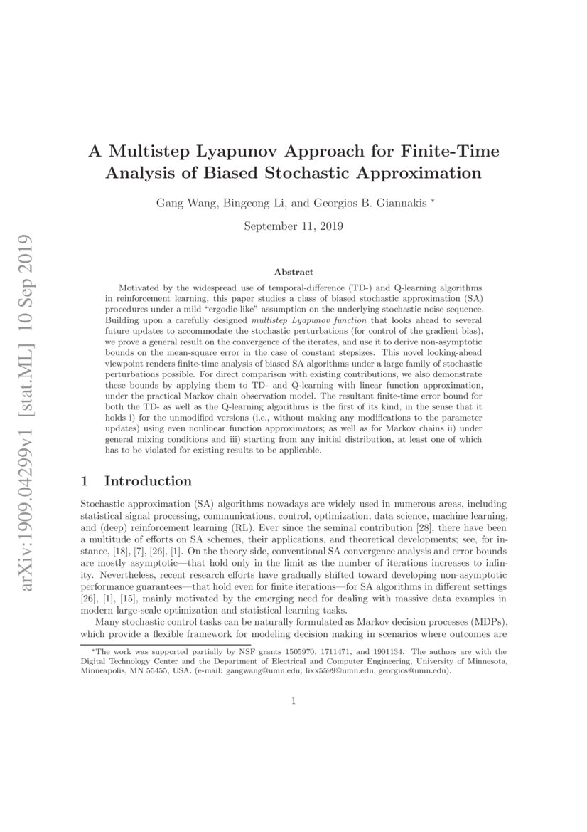 A Multistep Lyapunov Approach For Finite Time Analysis Of Biased Stochastic Approximation Deepai