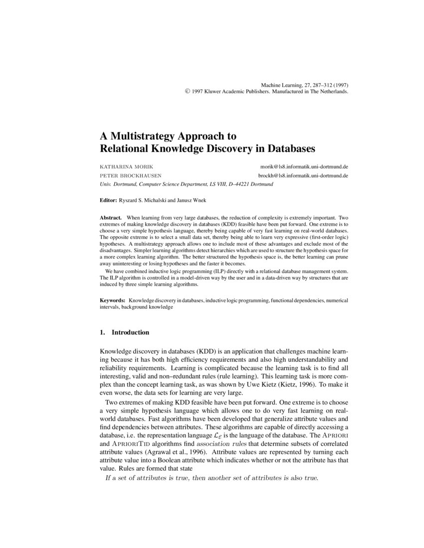 A Multistrategy Approach to Relational Knowledge Discovery in Databases | DeepAI