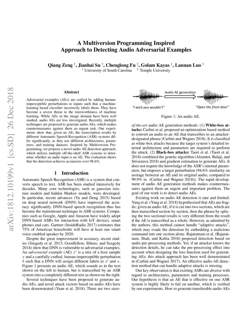 A Multiversion Programming Inspired Approach To Detecting Audio Adversarial Examples Deepai