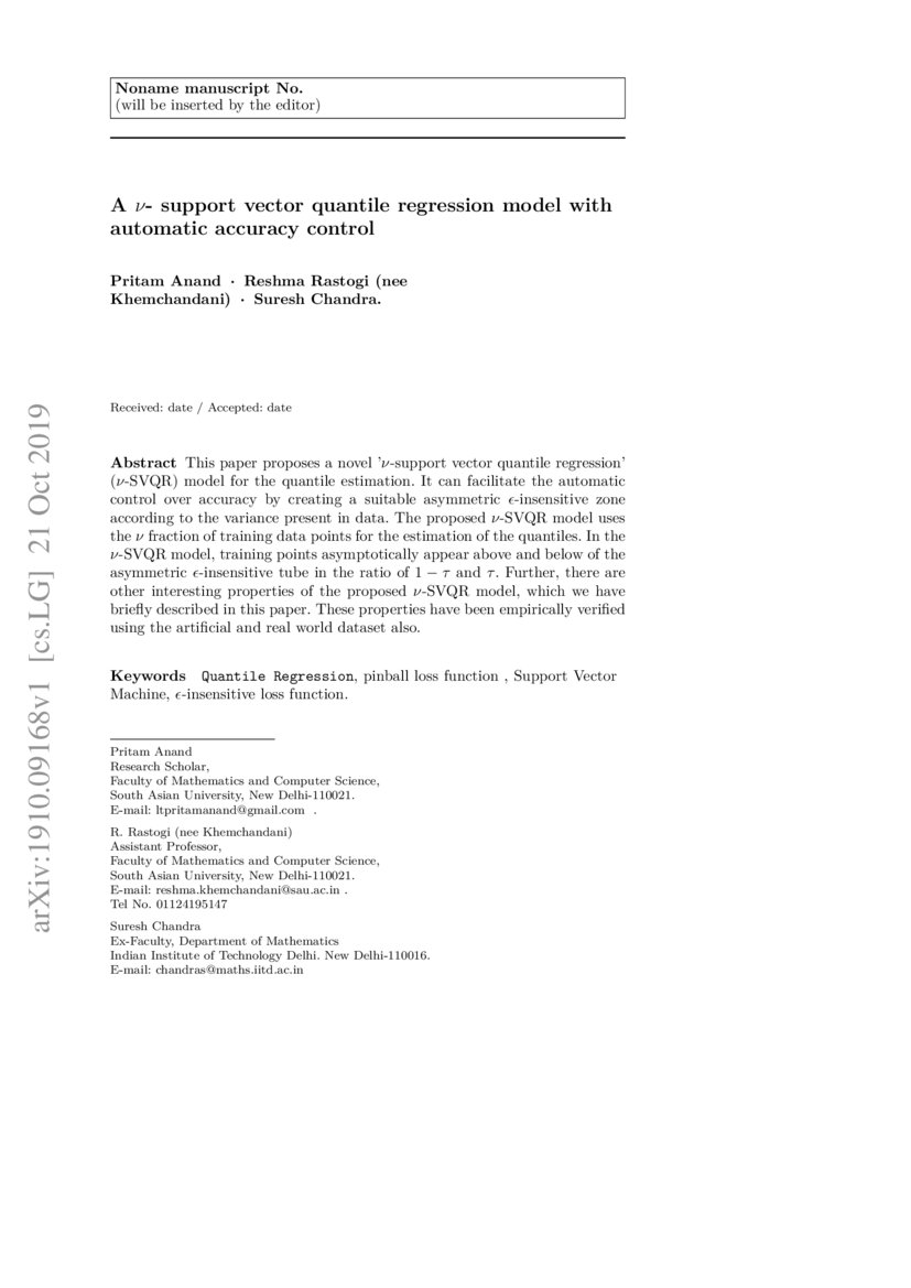 A ν Support Vector Quantile Regression Model With Automatic Accuracy