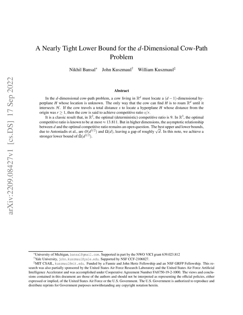A Nearly Tight Lower Bound For The D Dimensional Cow Path Problem DeepAI