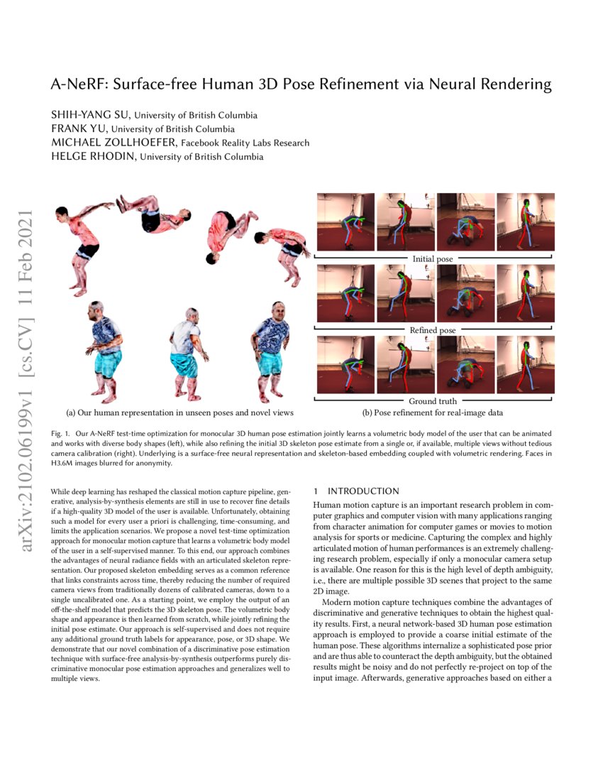 A-NeRF: Surface-free Human 3D Pose Refinement via Neural Rendering | DeepAI