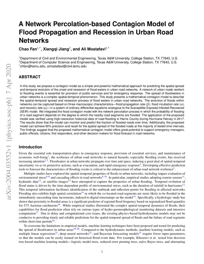 A Network Percolation Based Contagion Model Of Flood Propagation And Recession In Urban Road