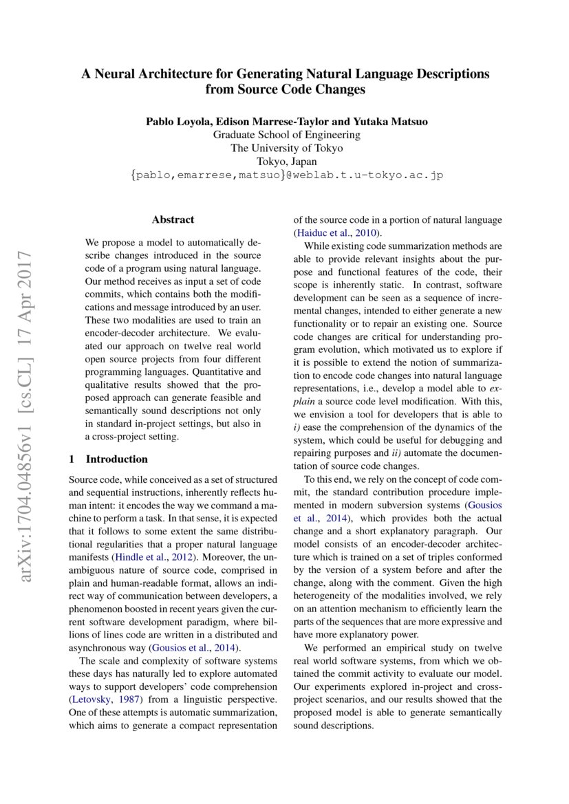A Neural Architecture for Generating Natural Language Descriptions from Source Code Changes | DeepAI