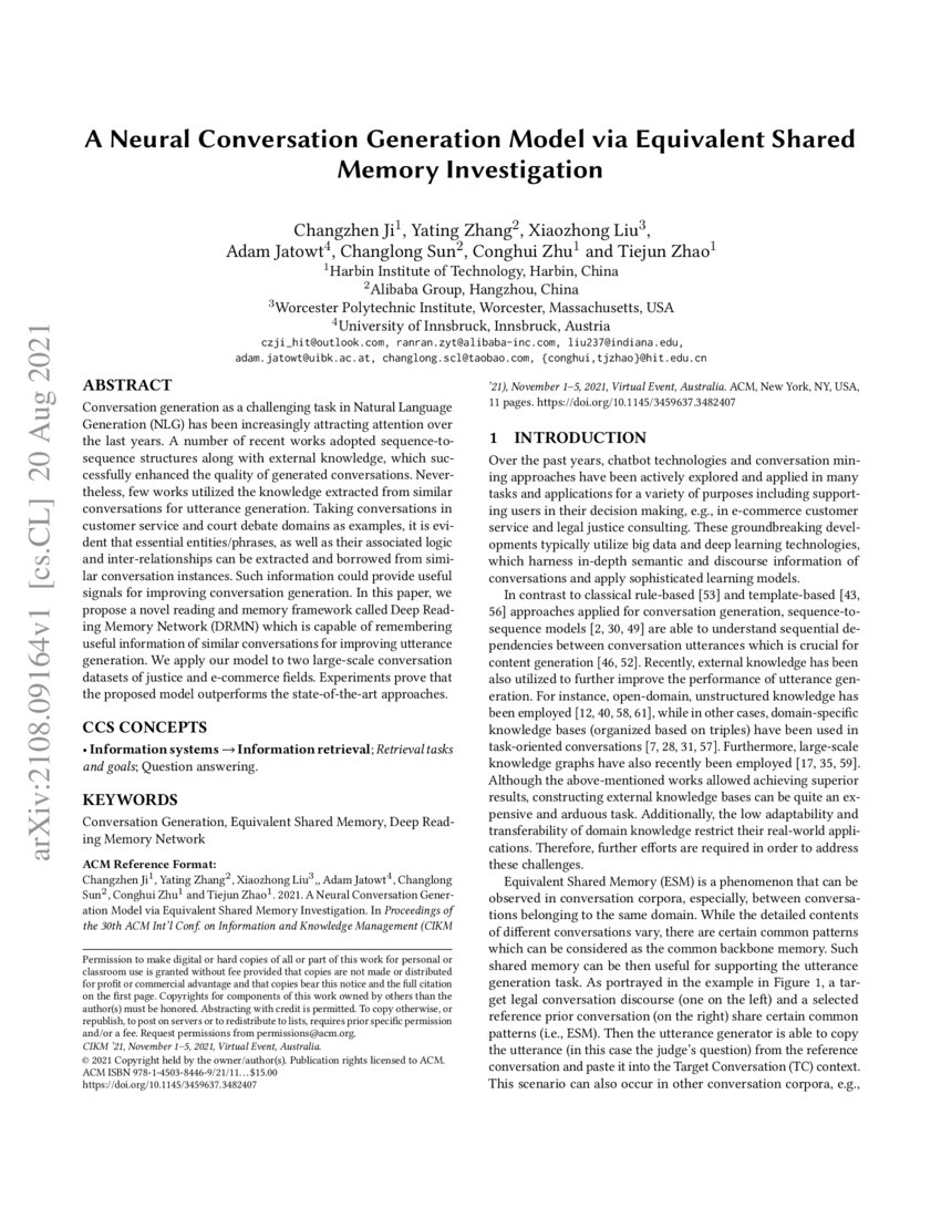 A Neural Conversation Generation Model Via Equivalent Shared Memory Investigation Deepai