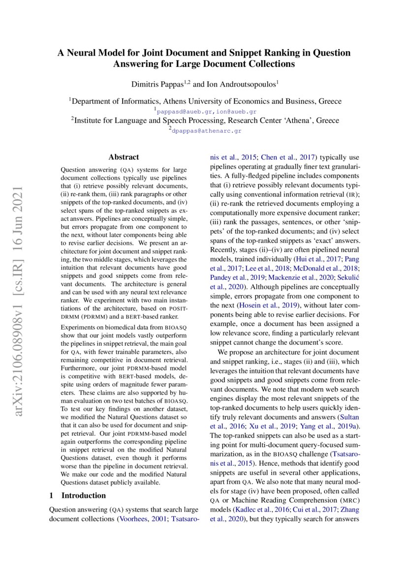 A Neural Model for Joint Document and Snippet Ranking in Question Answering for Large Document ...