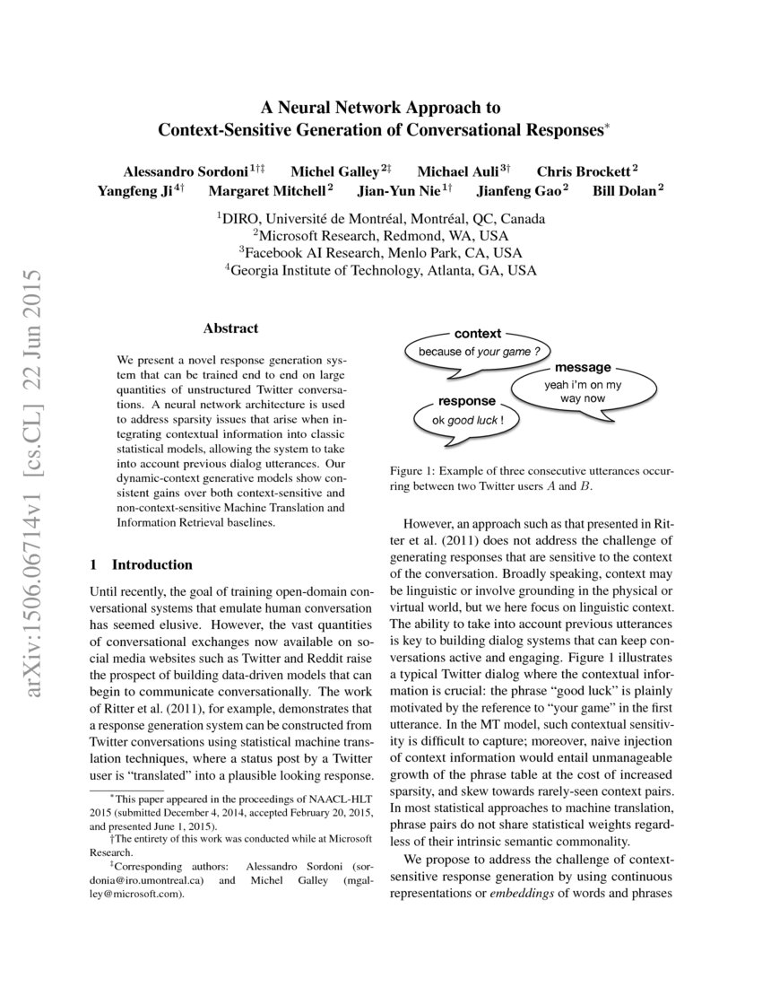 A Neural Network Approach to Context-Sensitive Generation of Conversational Responses | DeepAI