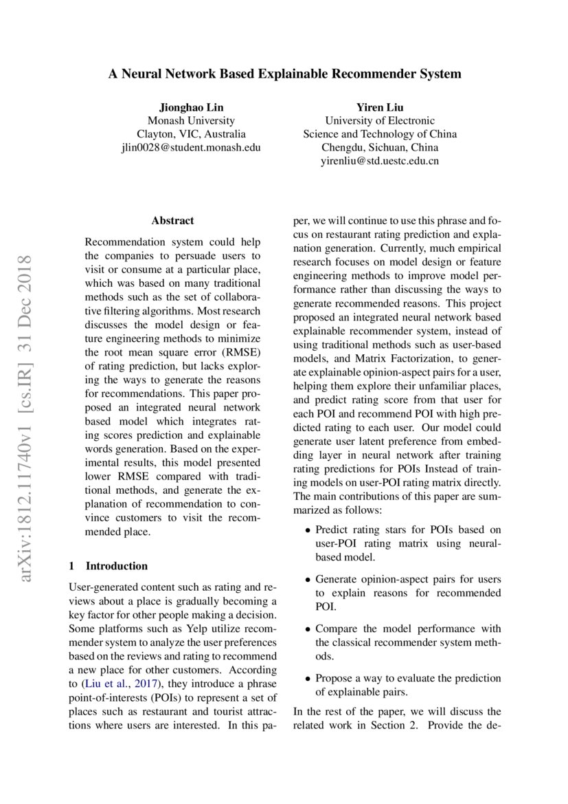 A Neural Network Based Explainable Recommender System | DeepAI
