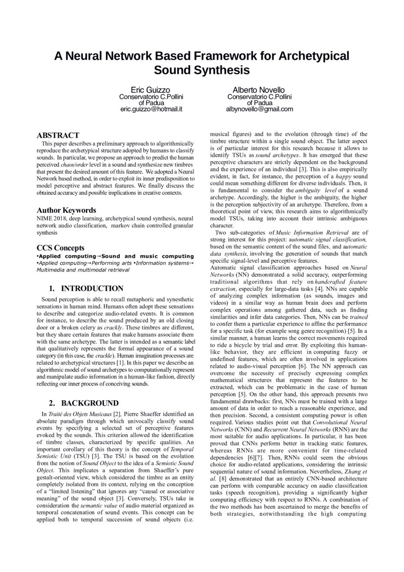 A Neural Network Based Framework For Archetypical Sound Synthesis Deepai