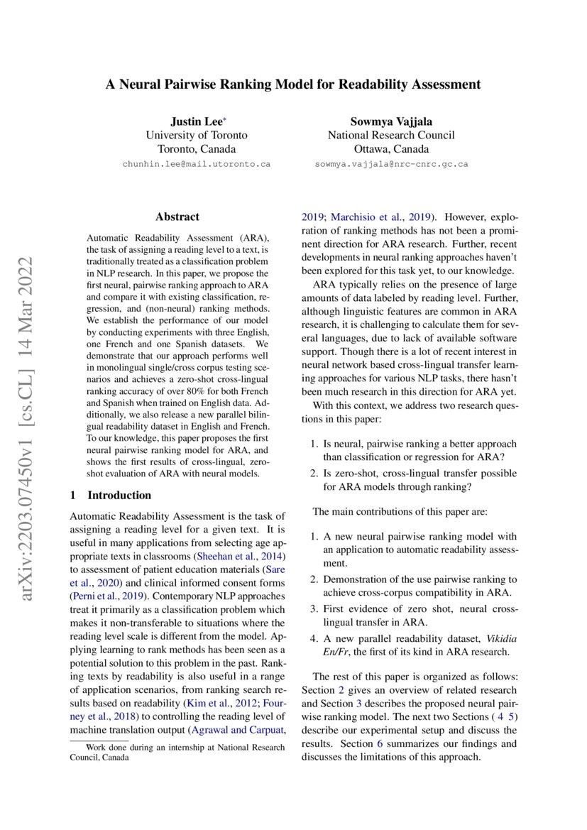 A Neural Pairwise Ranking Model for Readability Assessment | DeepAI