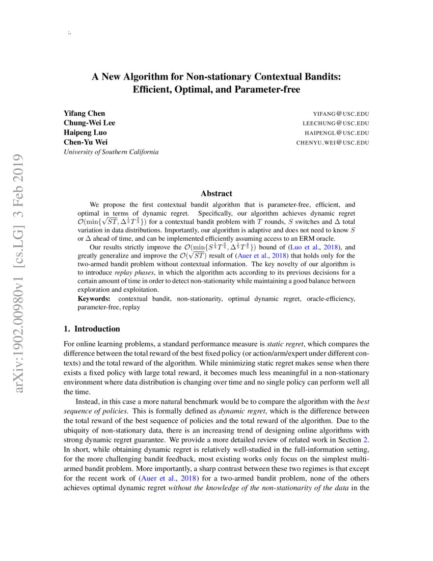 A New Algorithm For Non Stationary Contextual Bandits Efficient Optimal And Parameter Free 