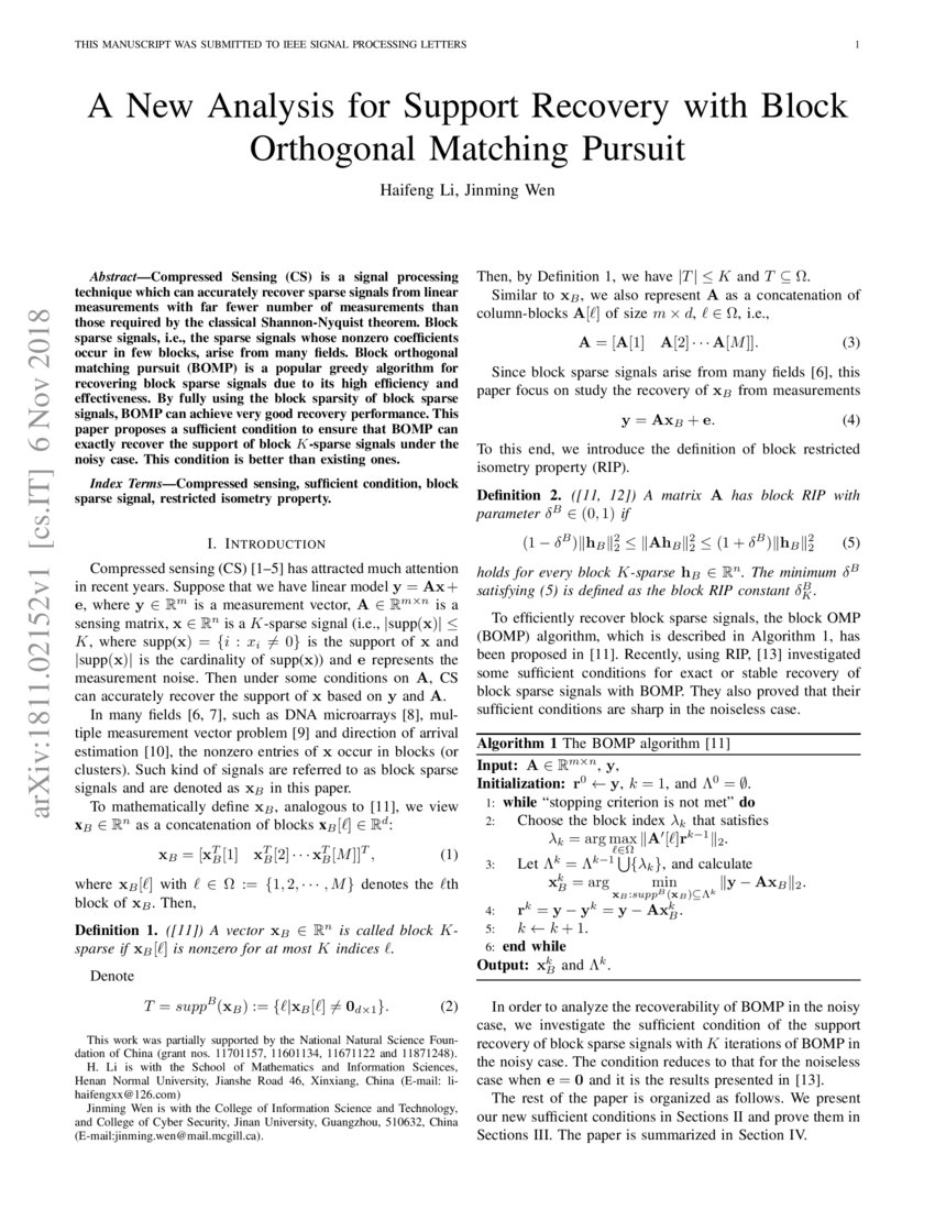 A New Analysis For Support Recovery With Block Orthogonal Matching Pursuit Deepai 