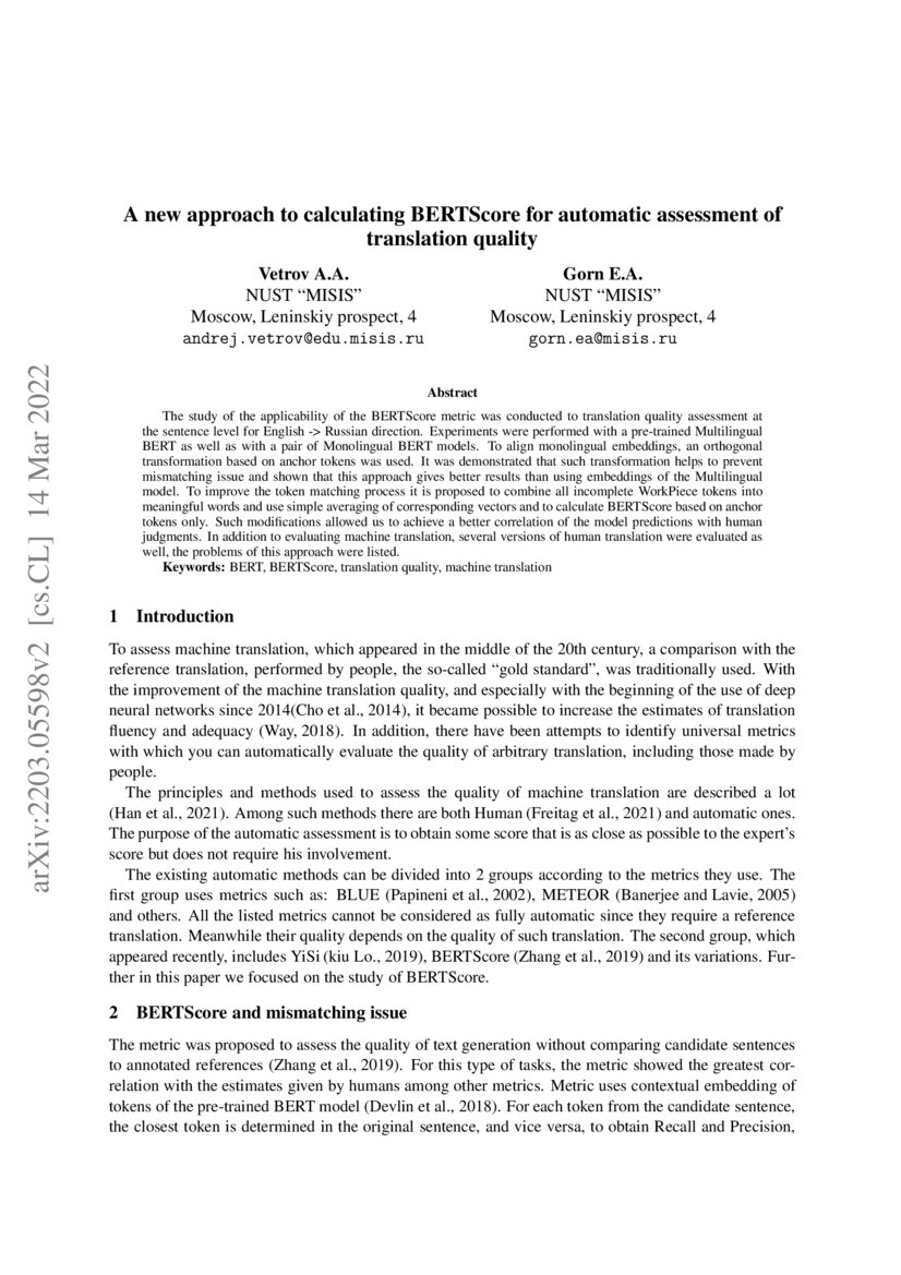 A new approach to calculating BERTScore for automatic assessment of ...