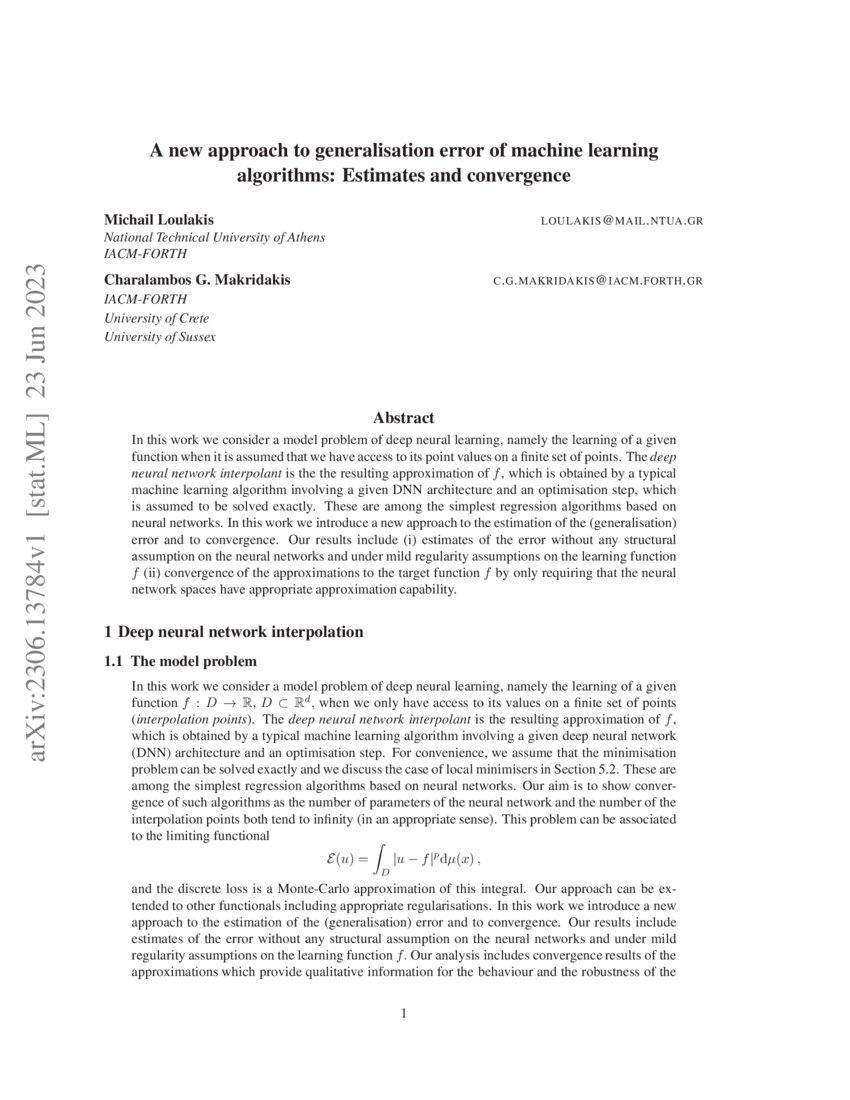 A New Approach To Generalisation Error Of Machine Learning Algorithms