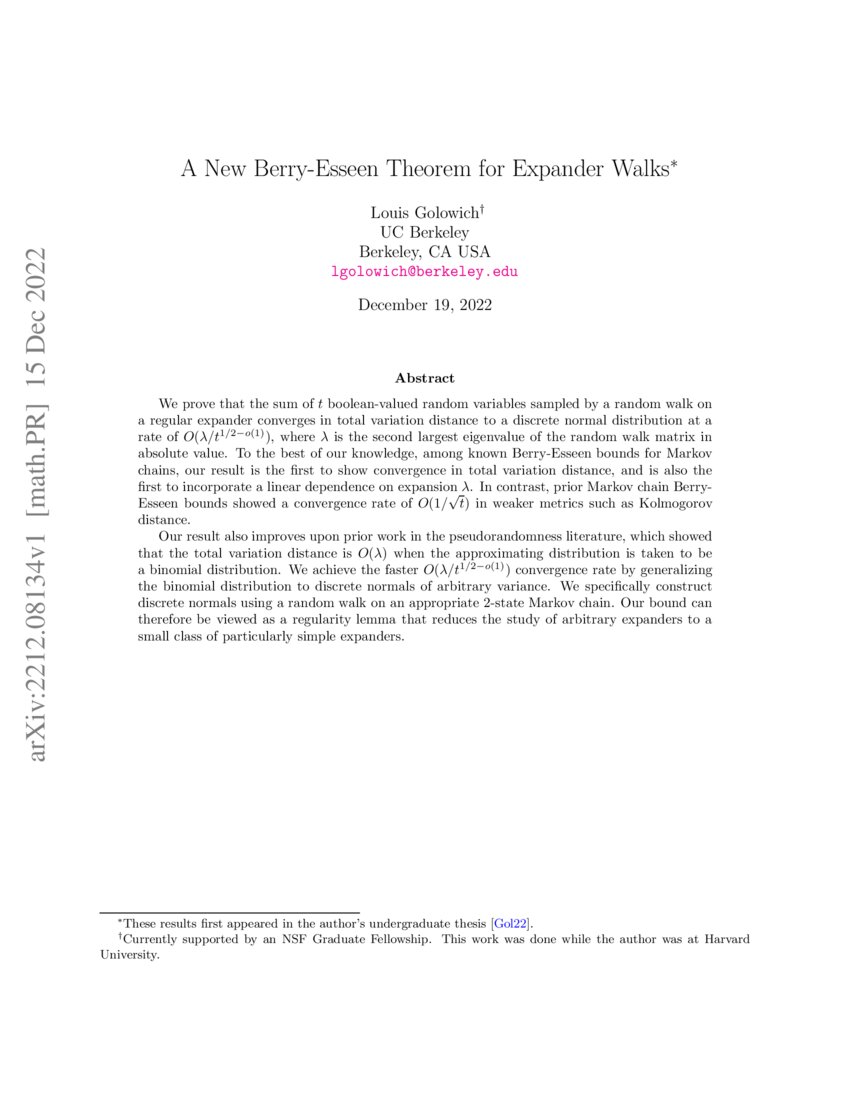 A New Berry-Esseen Theorem for Expander Walks | DeepAI