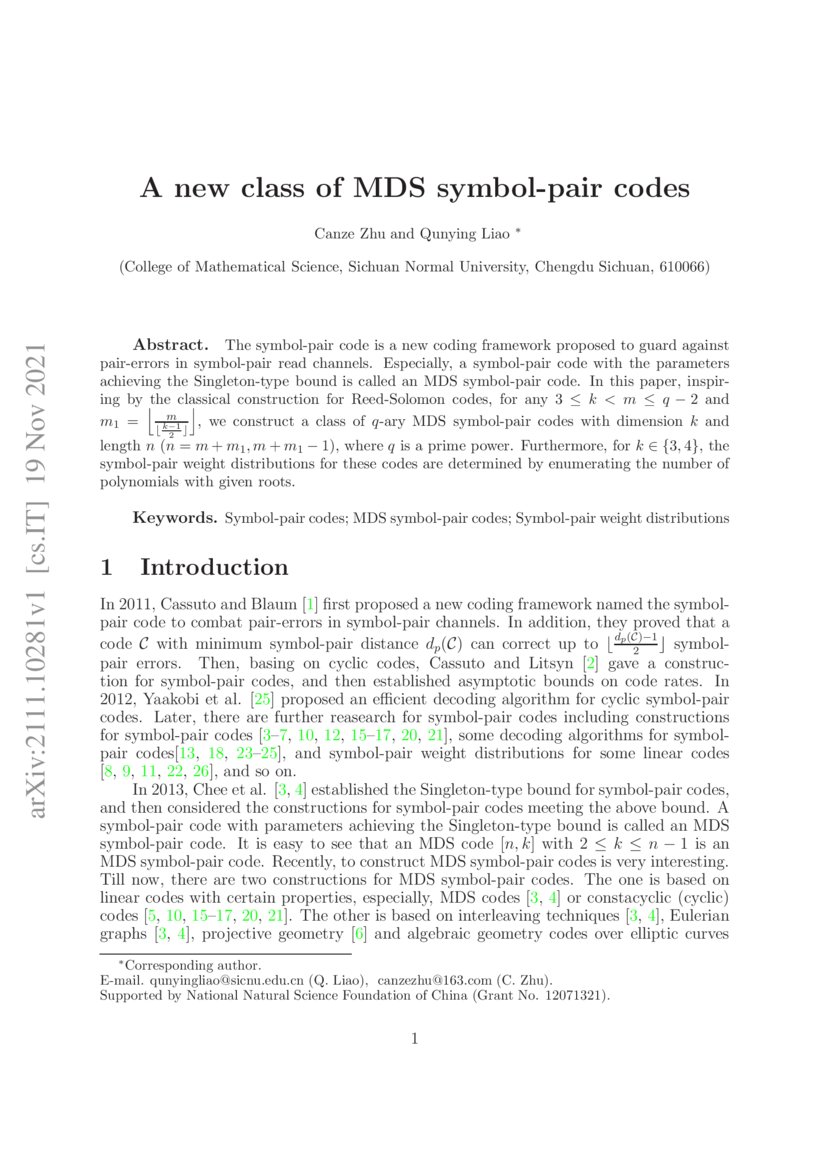A new class of MDS symbol-pair codes | DeepAI
