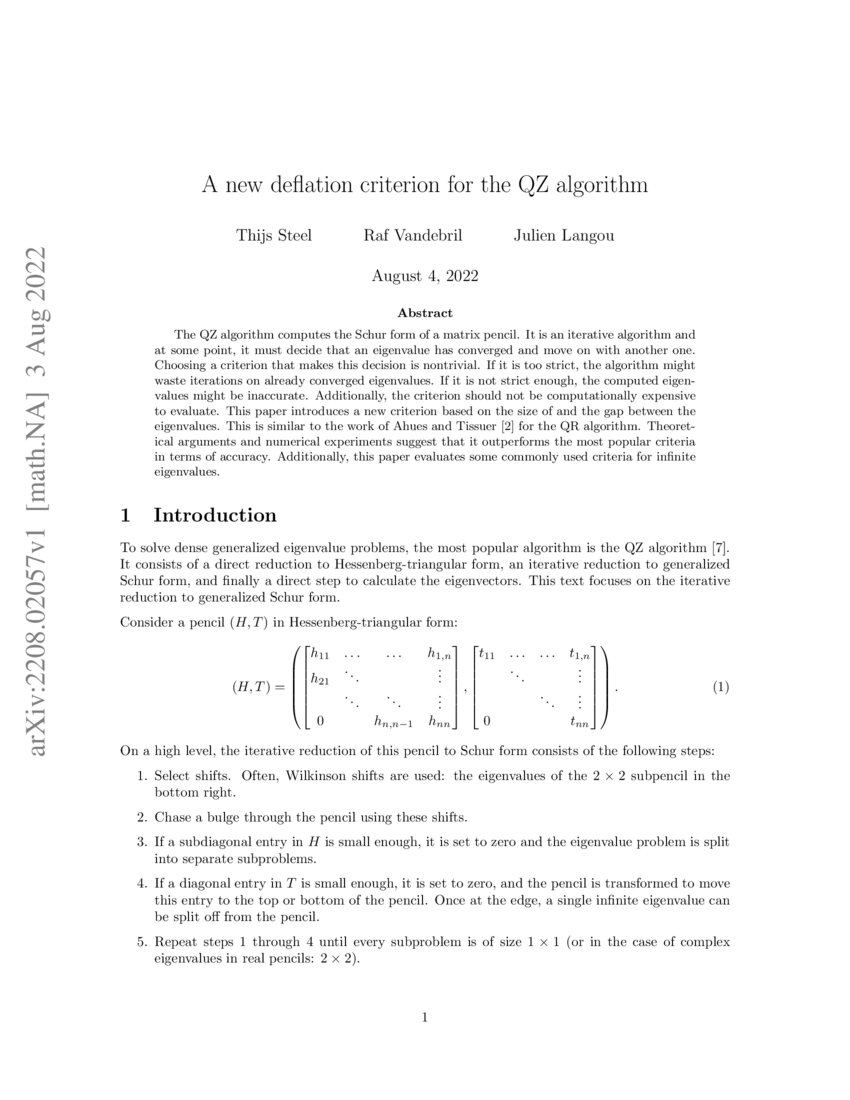 A new deflation criterion for the QZ algorithm | DeepAI