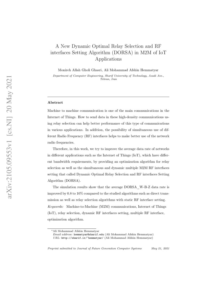 A New Dynamic Optimal Relay Selection And Rf Interfaces Setting Algorithm Dorsa In M2m For Iot