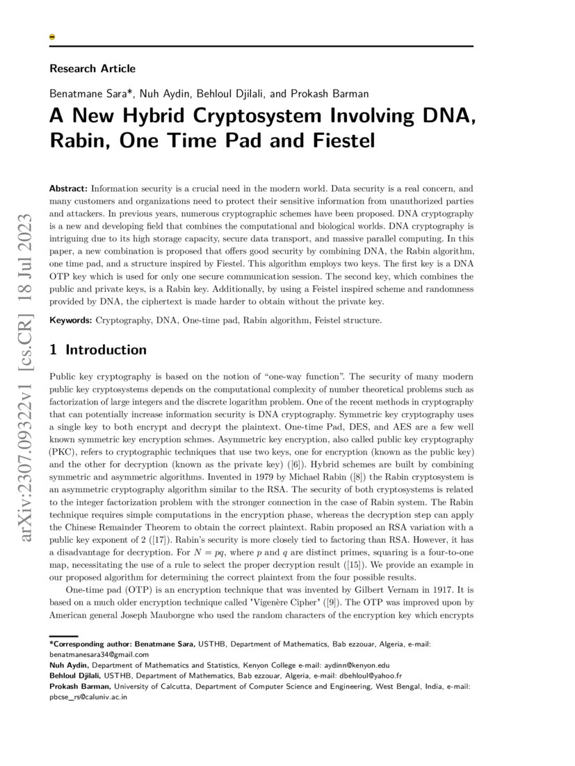 A New Hybrid Cryptosystem Involving DNA,Rabin, One Time Pad and Fiestel ...