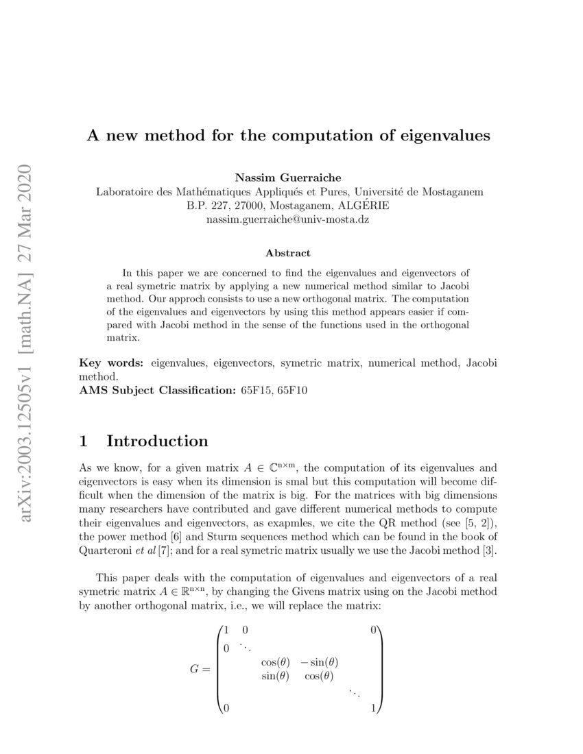 A New Method For The Computation Of Eigenvalues Deepai 