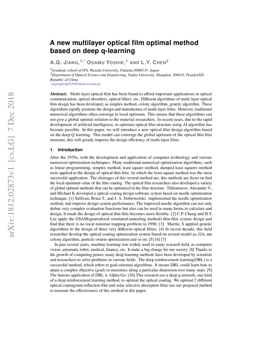 A new multilayer optical film optimal method based on deep q-learning ...