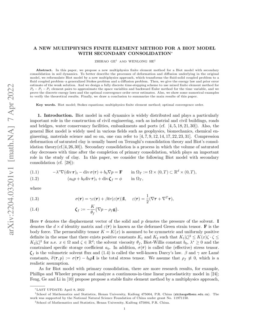 A New Multiphysics Finite Element Method For A Biot Model With Secondary Consolidation Deepai